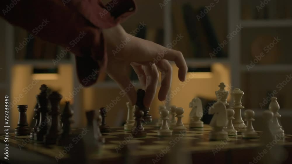 A cinematic shot of a chess move by an experienced player moving the ...