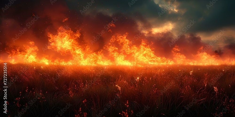 Dramatic fiery blaze engulfing the horizon at dusk. intense wildfire scene suitable for disaster ...