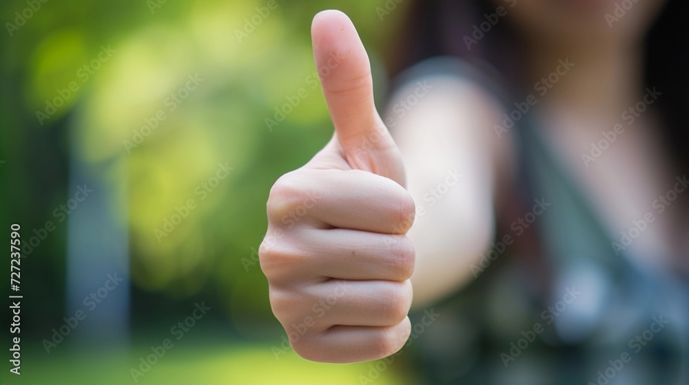 A close-up of a woman's hand giving a thumbs up in a supportive gesture ...