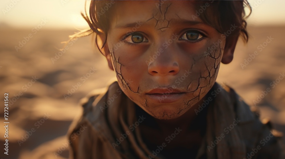 Small child withered face without water, boiling sun dry lake, close-up ...