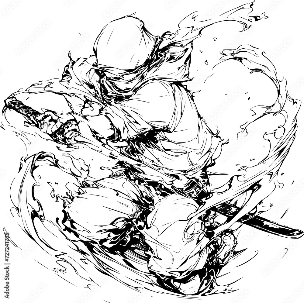 ninja manga with action power blast ink drawing isolate whitebackground ...
