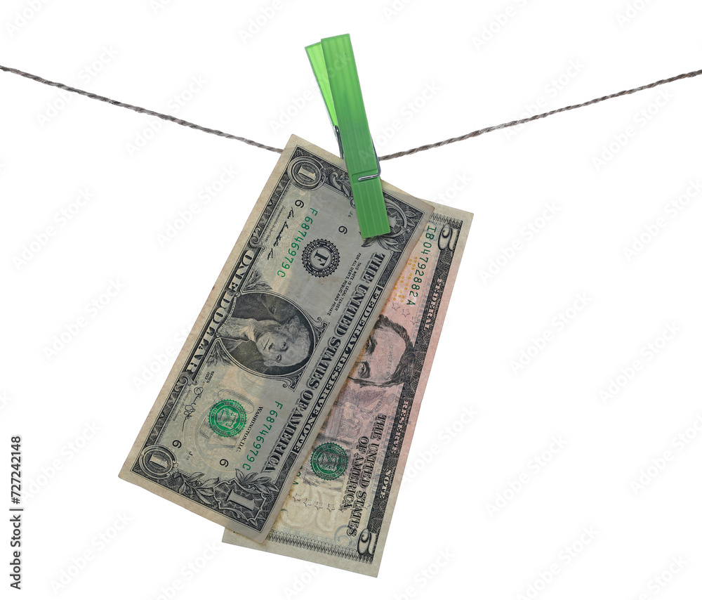 Foto de One and five dollar bill, banknote dry hanging on clothesline ...