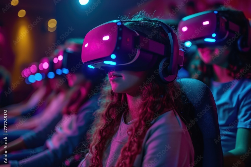 In a futuristic cinema, children audience wears VR headsets for an ...