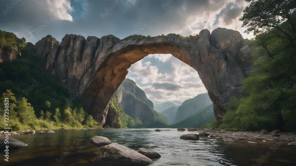 Seaside Serenity: A picturesque landscape featuring an arch bridge over ...