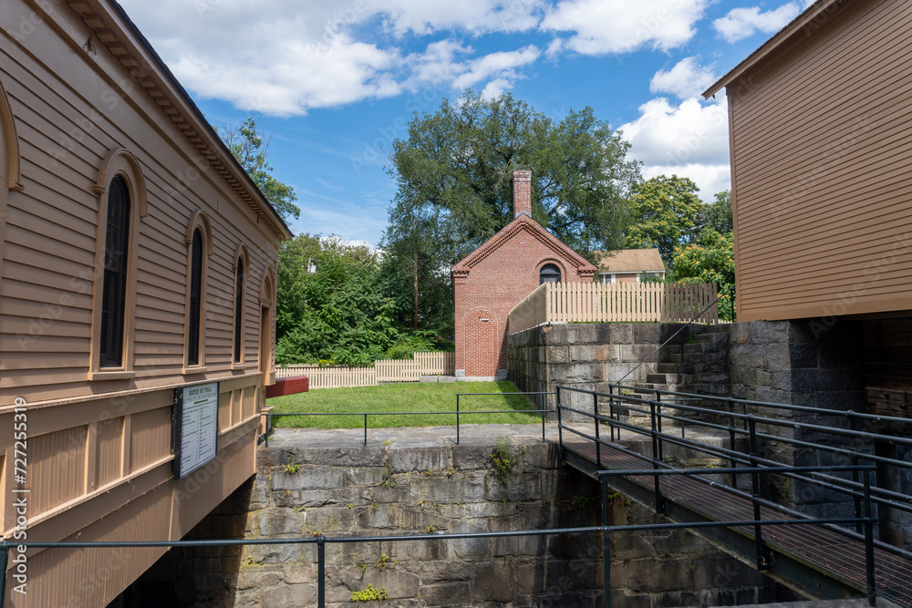 Lock and gate house on Pawtucket Canal to power mills in Lowell ...