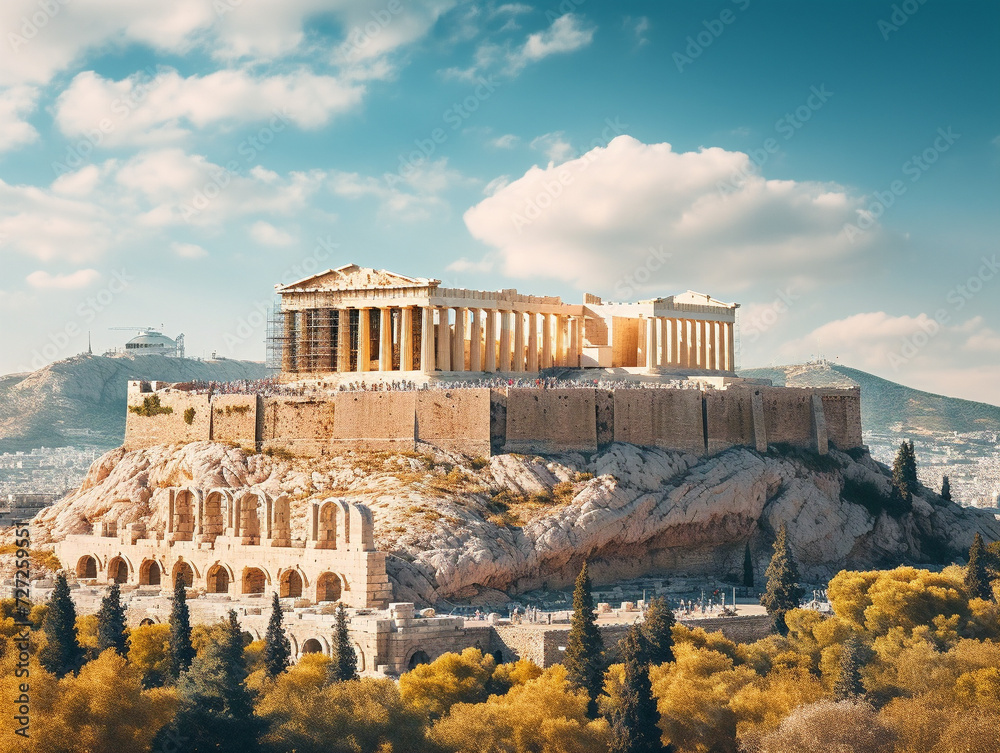 The image depicts the famous Acropolis in Athens, Greece, showcasing ...