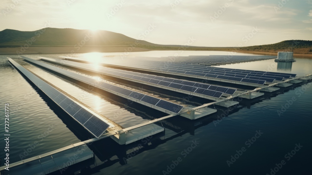 Bird's-eye views of a floating solar farm on a reservoir, utilizing ...