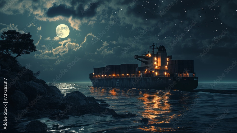 Cargo ship at night with lit containers, moonlit ocean, stars in the ...