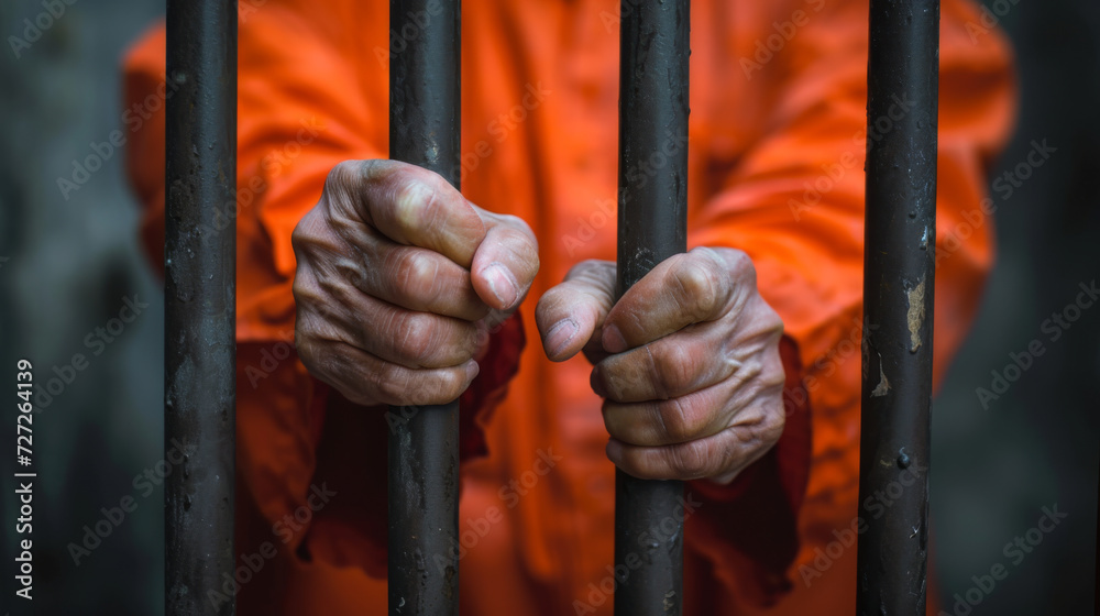 person's hands grasping the bars of a prison cell, dressed in an orange ...