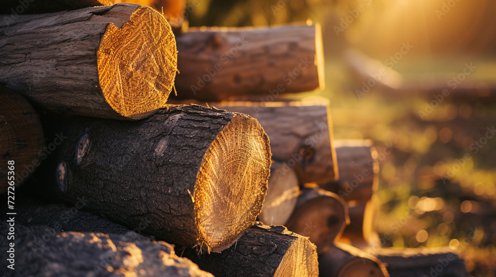 a bunch of wooden logs in full screen in morning light with light Stock ...