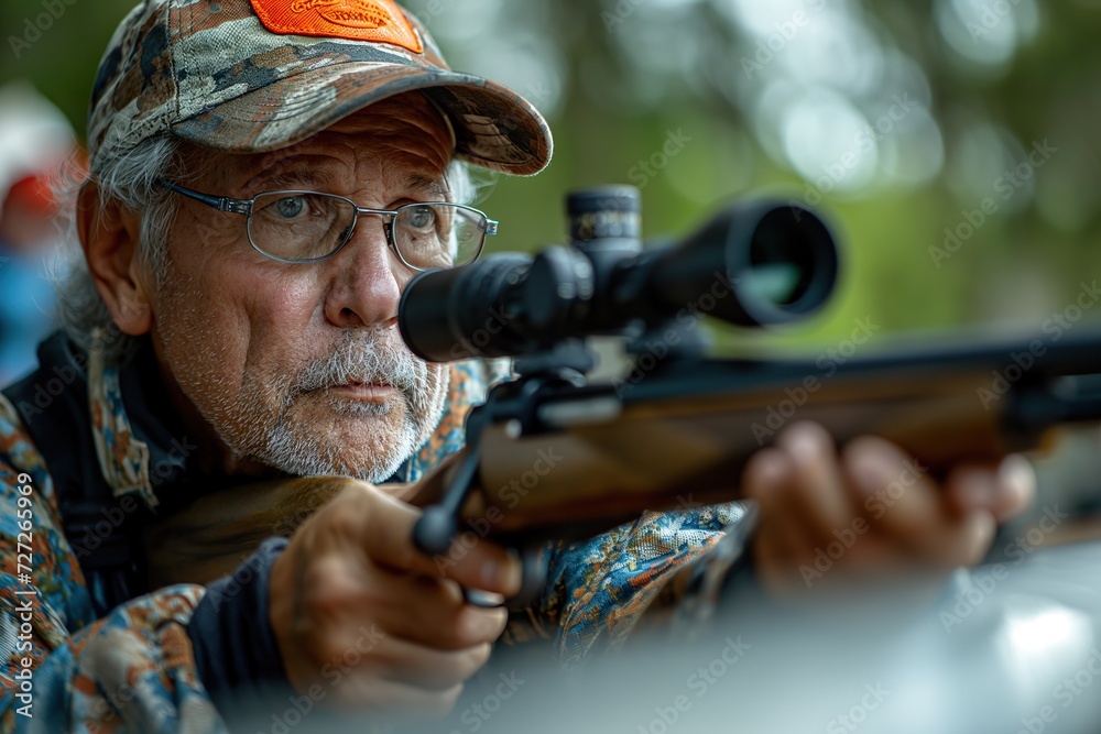 Mature white man shooting a rifle at a shooting range, American Rifle ...