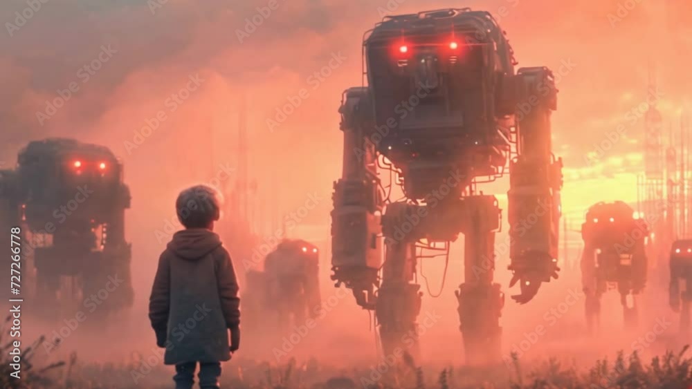 Boy watch giant robots invasion. Rise of Machines concept. Scary future ...
