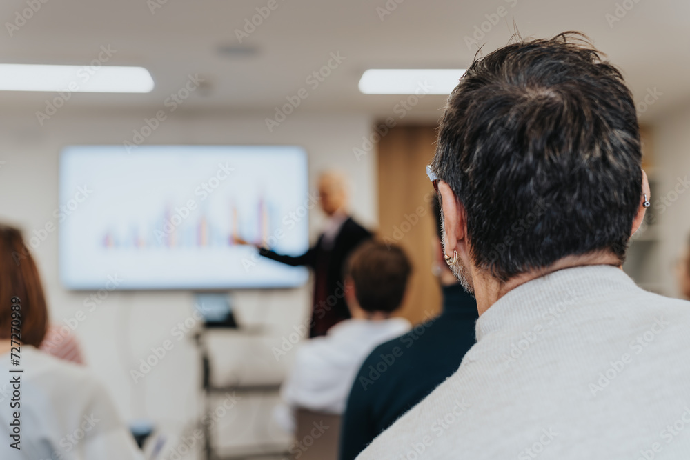 Senior employee attending business training at modern classroom. He is ...