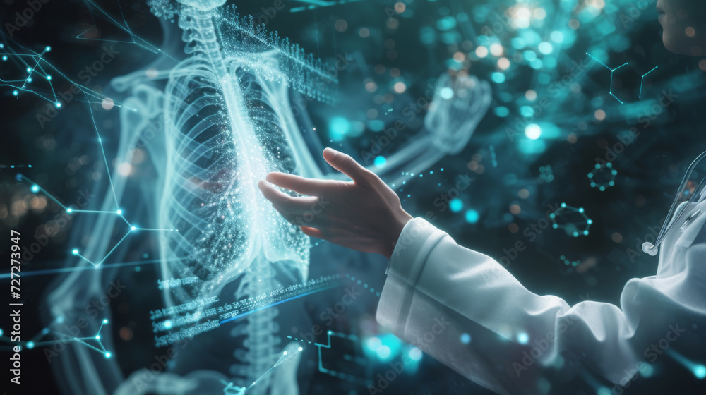 person is interacting with a futuristic medical interface displaying ...