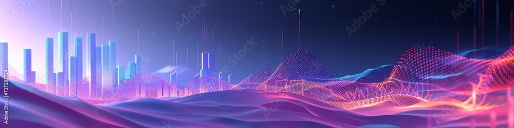 Ethereal 3D bar charts soaring from a holographic landscape, with soft ...