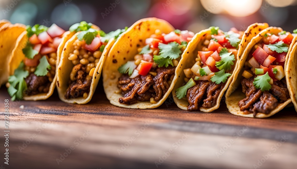 row of mexican street tacos with carne asada and al pastor in corn ...