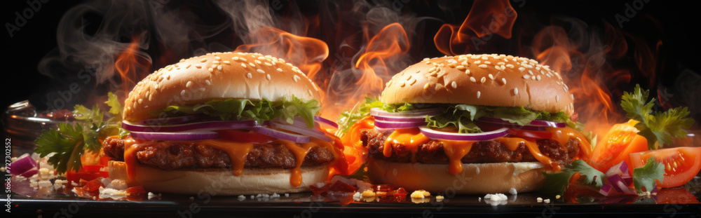 An image featuring a burning burgers with fire flame and smoke on tray ...