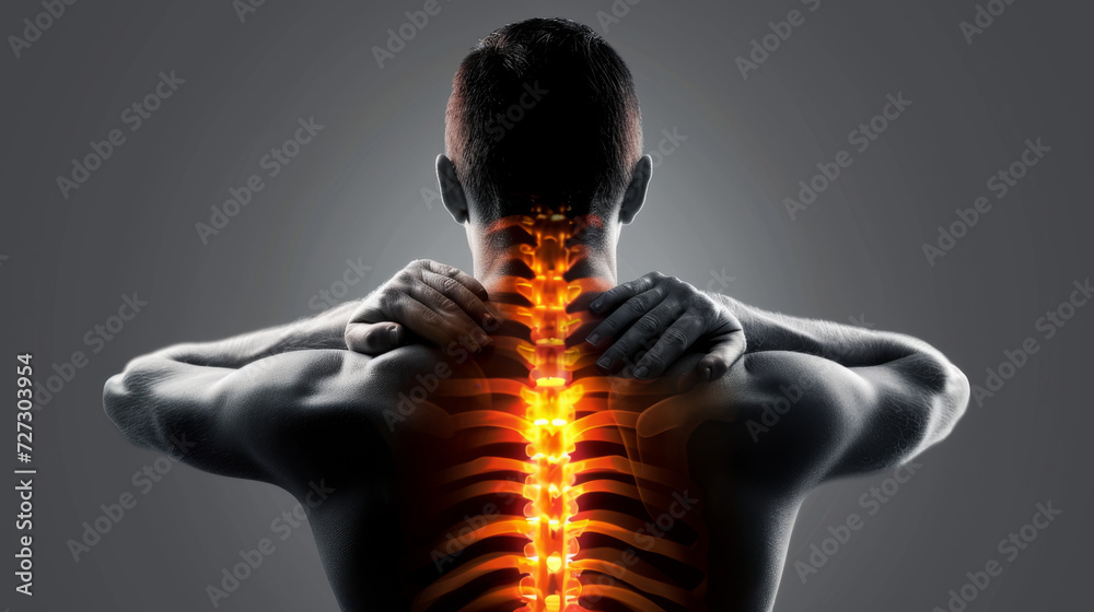 man from behind holding his neck, with a digital illustration overlay ...