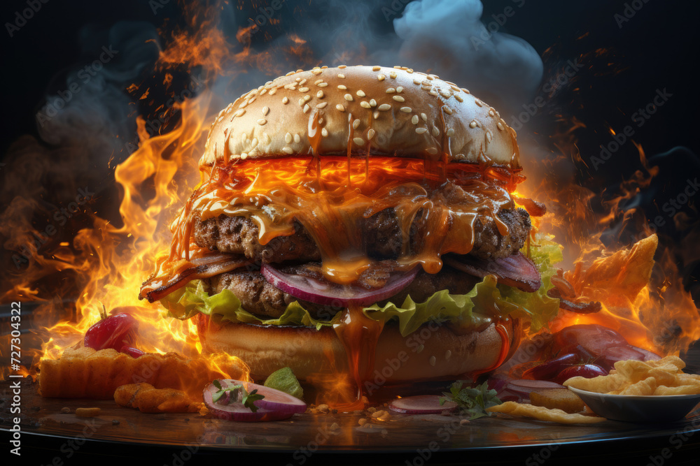 An image of featuring a burning burger with fire flame and smoke on ...