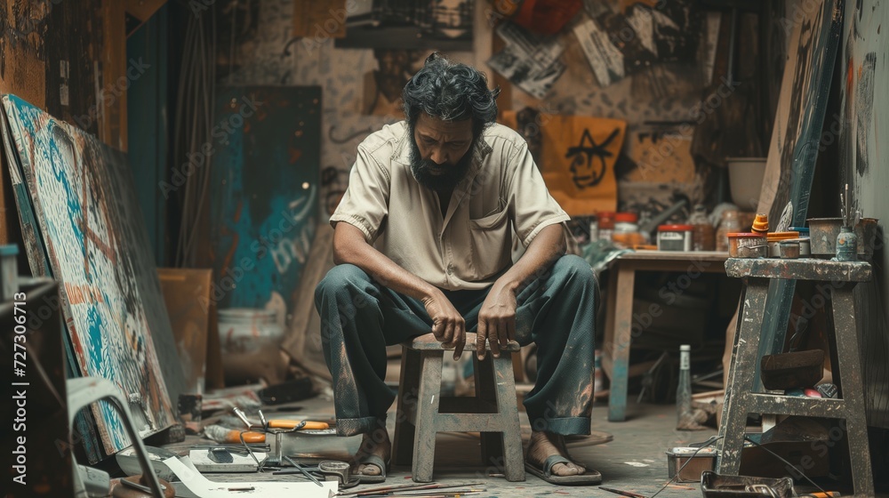 Poor artist sitting and imagining the art he is about to create ...