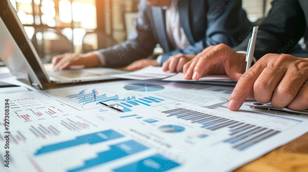 Ejecutivos analizando estadísticas de negocio y gráficos de rendimiento en documentos con un ...