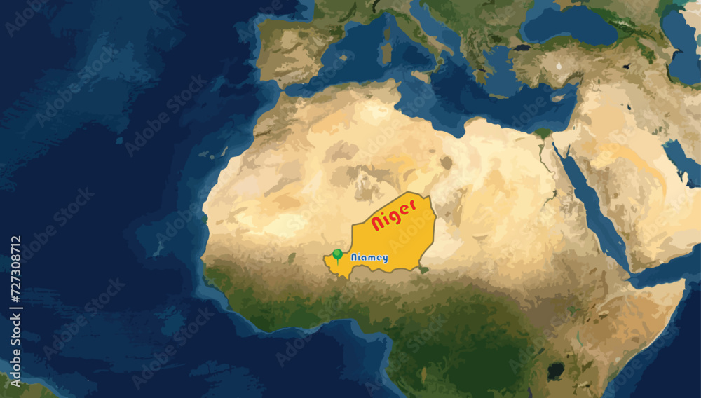 The Niger map and Niamey, its capital city on the world background ...