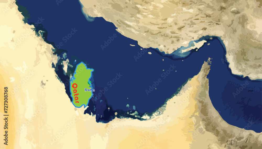 The State of Qatar country map and Doha, its capital city on the world ...