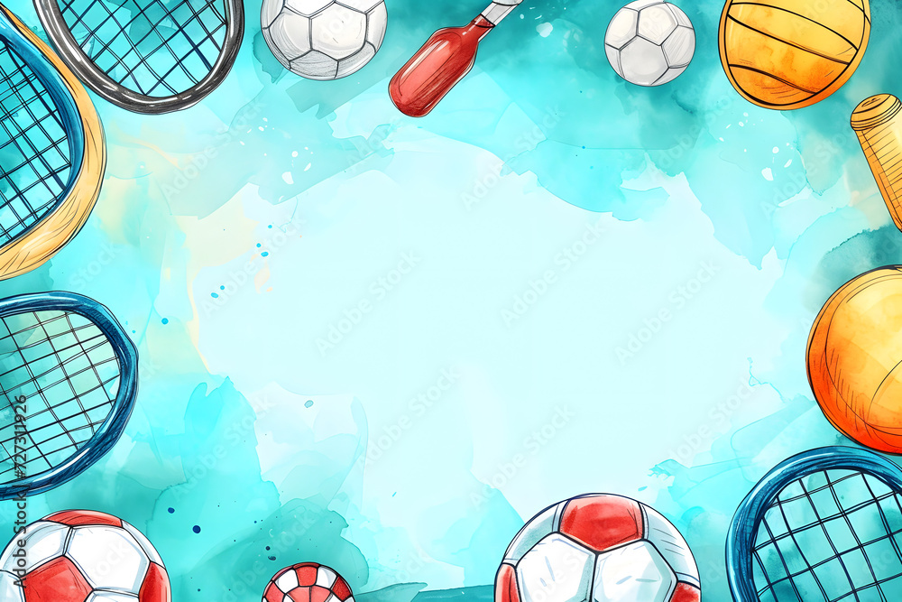 Cute cartoon sports equipment frame border on background in watercolor ...