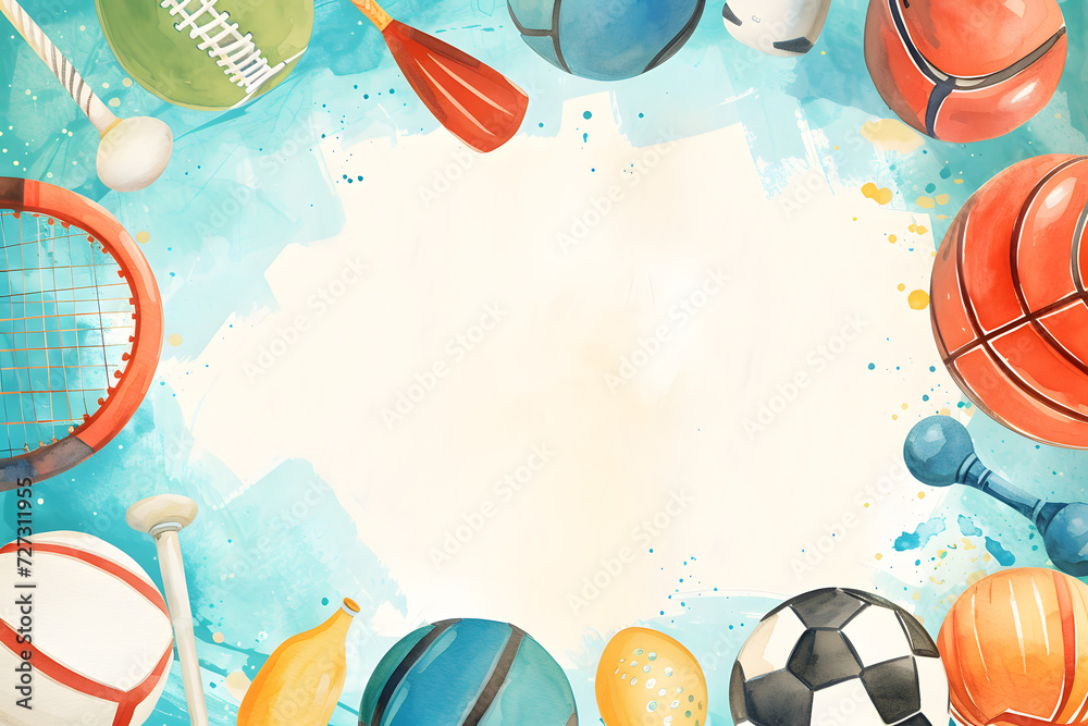 Cute cartoon sports equipment frame border on background in watercolor ...