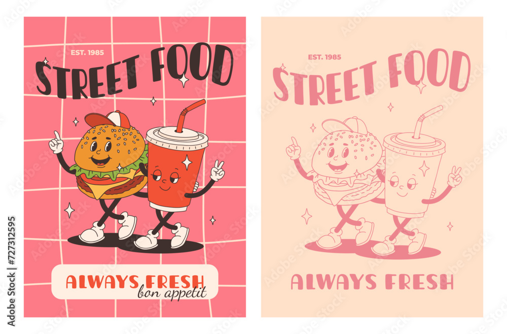 Set of fast food posters. Retro groovy cards with street food ...