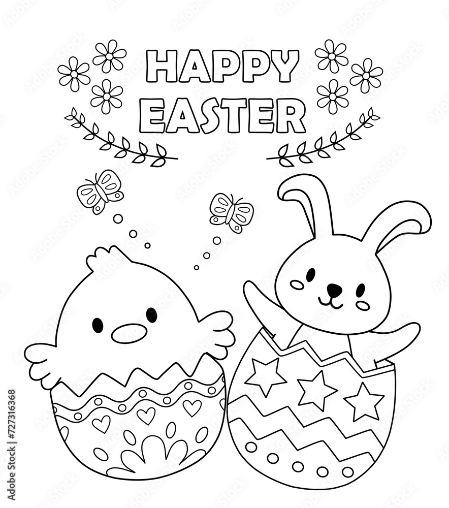 Easter chick and bunny coloring pages for kids. Painting for ...