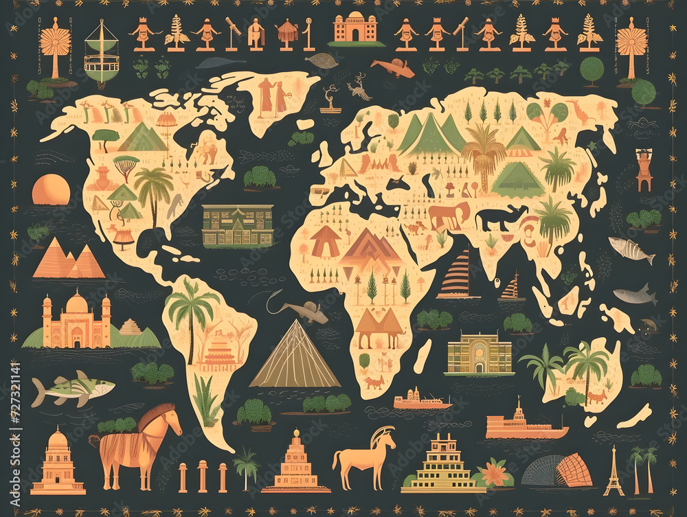 Vintage-Style World Map with Historical and Cultural Icons - Retro ...
