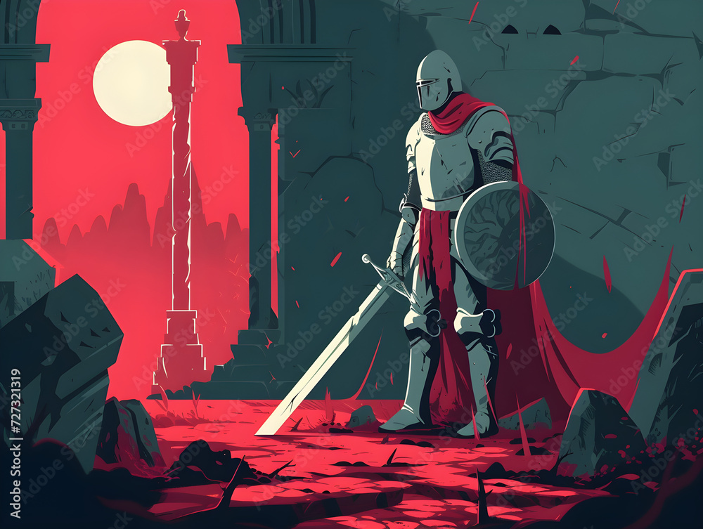 Medieval Knight in Full Armor with Broadsword and Shield Amidst Ruins ...