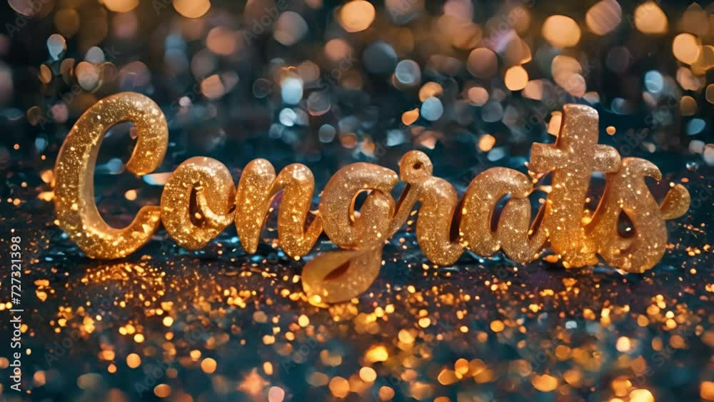 Congrats. Animation in golden color with particles on the black screen ...