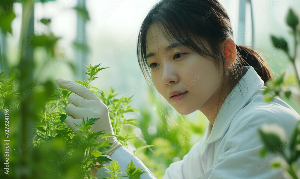 nutritionist checking the sample in the greenhouse. scientist wearing ...