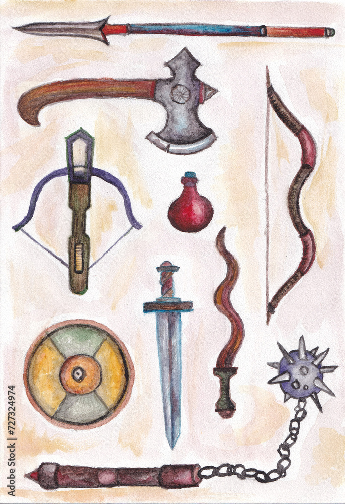 Watercolor drawing of various weapons of the Middle Ages. Cutting ...