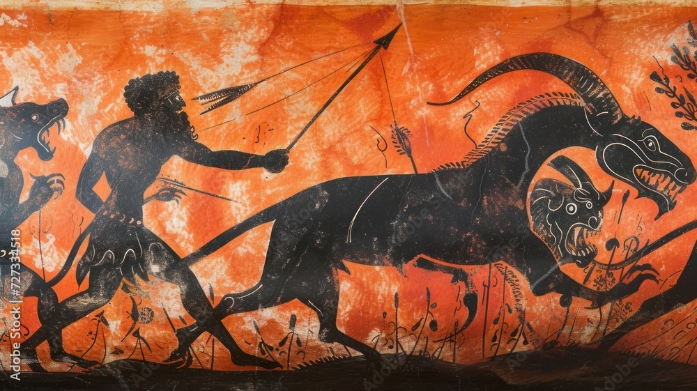 Ancient myth sceen,Black figure pottery,Hercules heroic deed,Ancient ...
