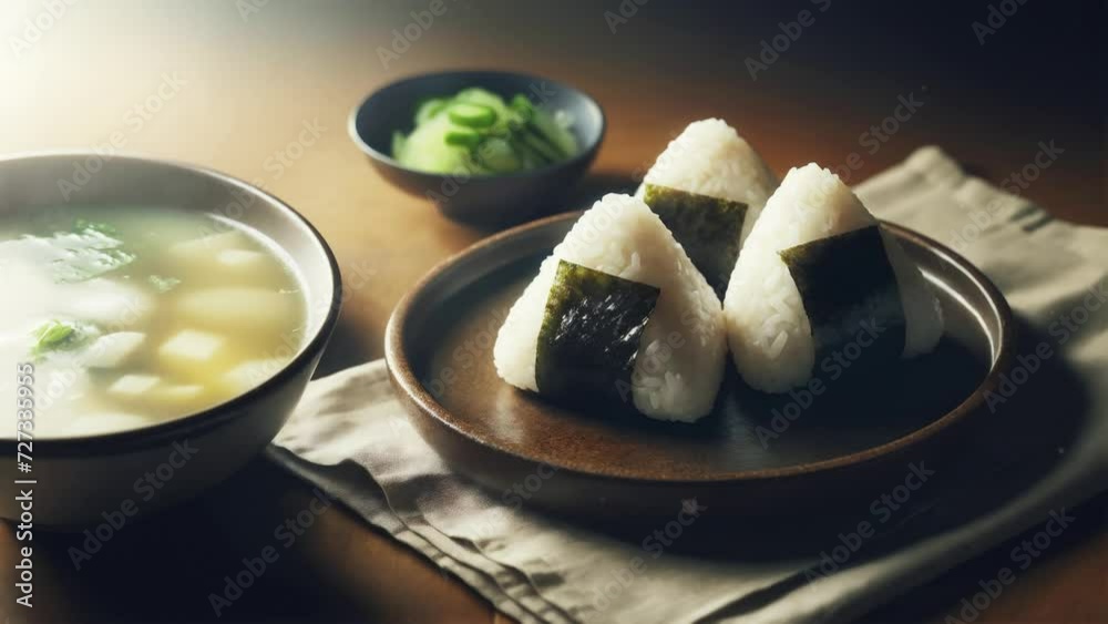 Background video. Onigiri set meal (rice balls, miso soup, and pickles ...