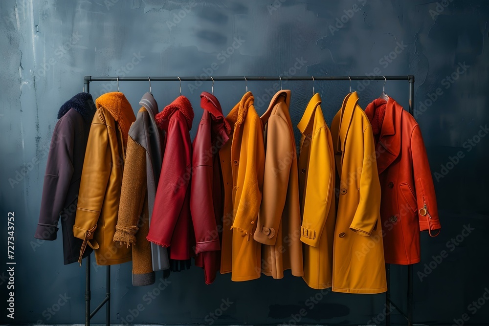 Colorful array of coats hanging on rack in a moody setting. perfect for ...