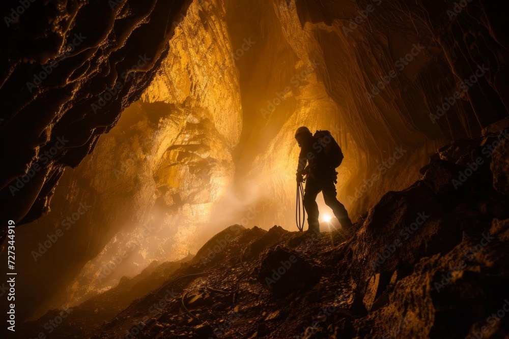 Adventurous cave explorer charting unknown depths Embodying the spirit ...