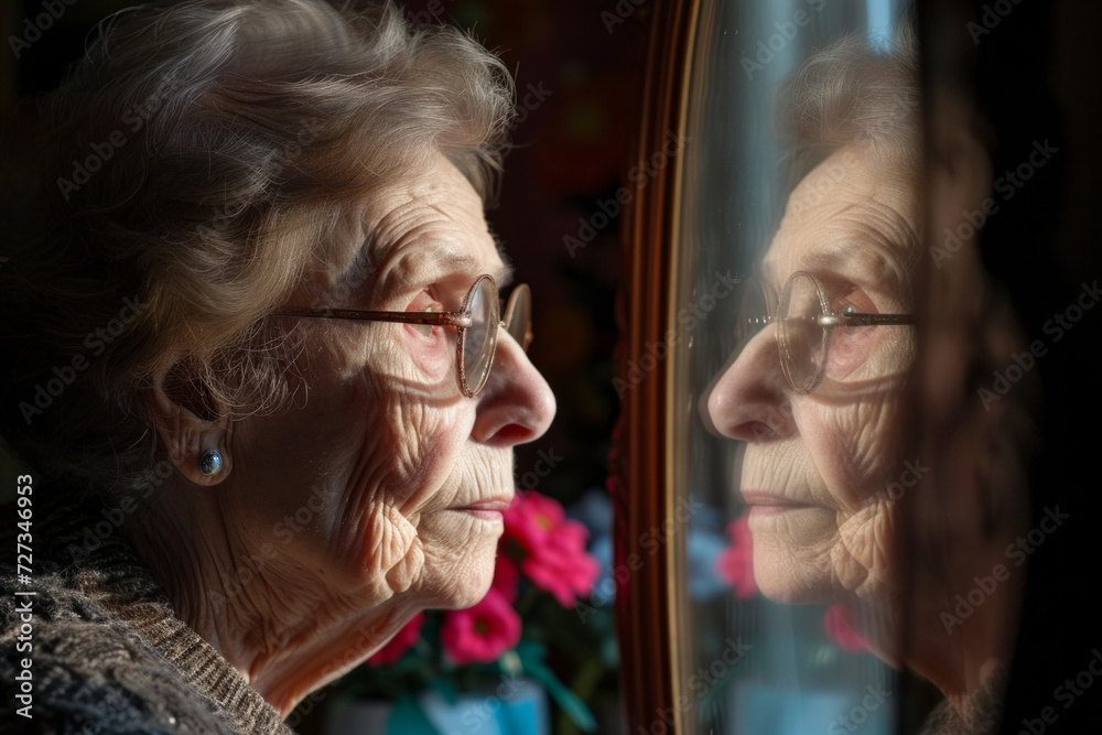 Creative conceptual collage. Senior woman looking in mirror and ...