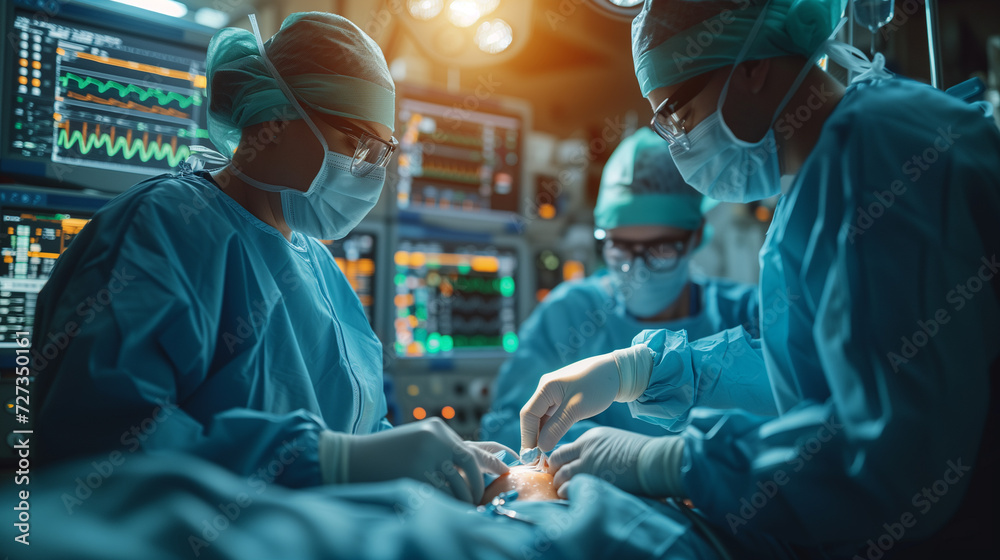 Operating room, team of surgeons prepares patient to cancer removal ...