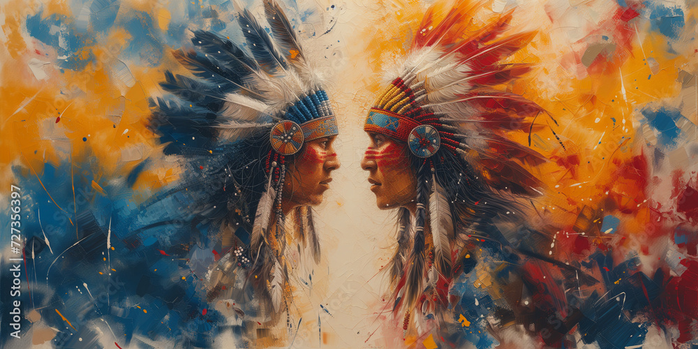 portrait of two Native American Indians wearing traditional regalia ...