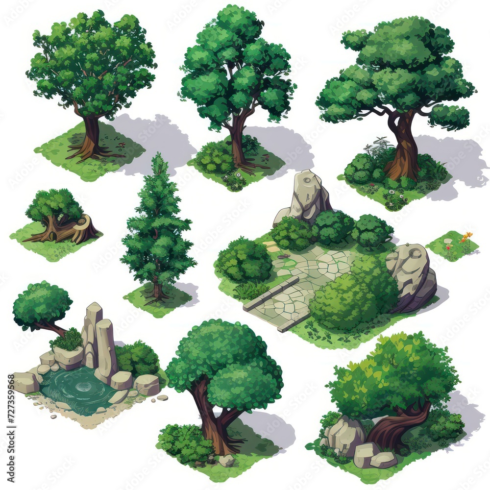 Mobile game environment asset: a set of low-poly trees in isometric ...