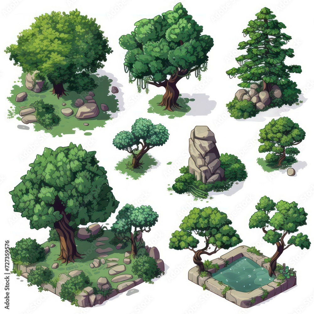 Mobile game environment asset: a set of low-poly trees in isometric ...