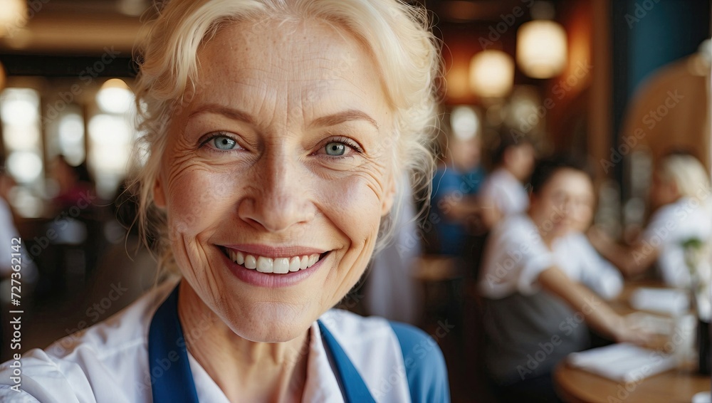 Smiling elderly woman with white hair, working as a waitress, wearing a ...