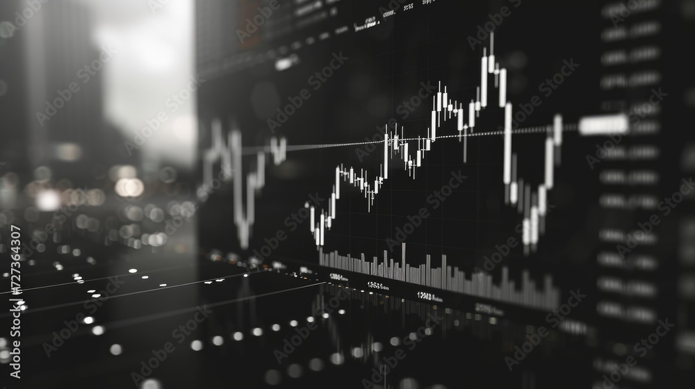 Black and white background hosts a widescreen abstract financial chart ...