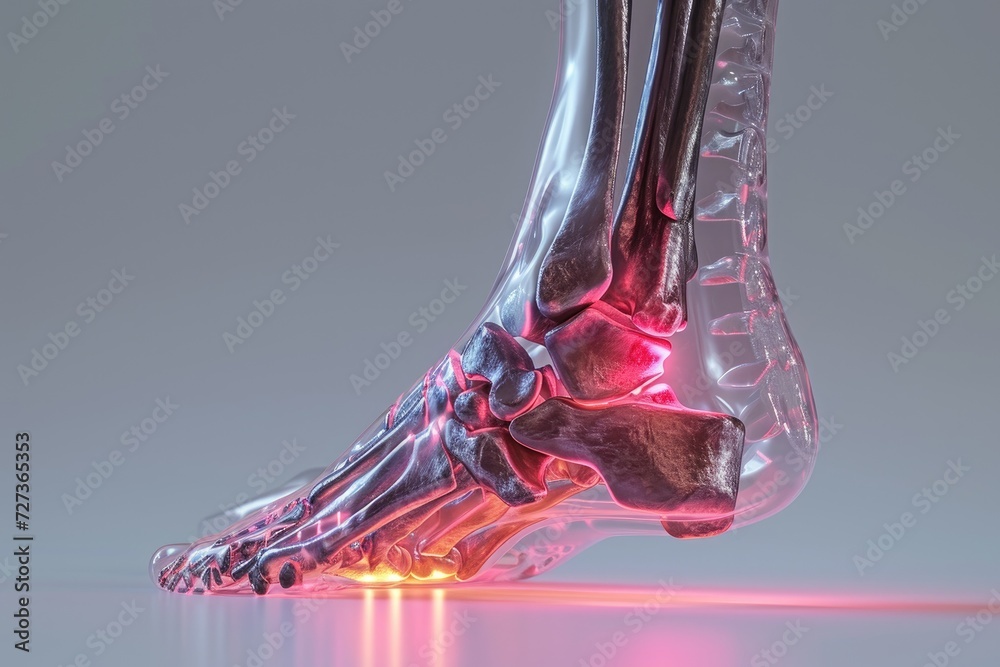 A detailed shot of a persons foot with a bright light illuminating it ...