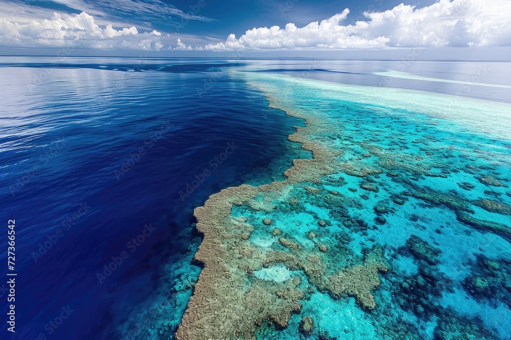 This aerial photograph captures the vibrant and diverse coral reef ...