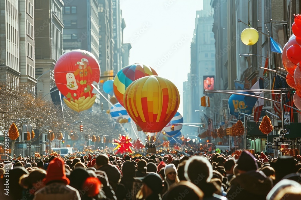 A bustling crowd of people walk down a street adorned with colorful ...